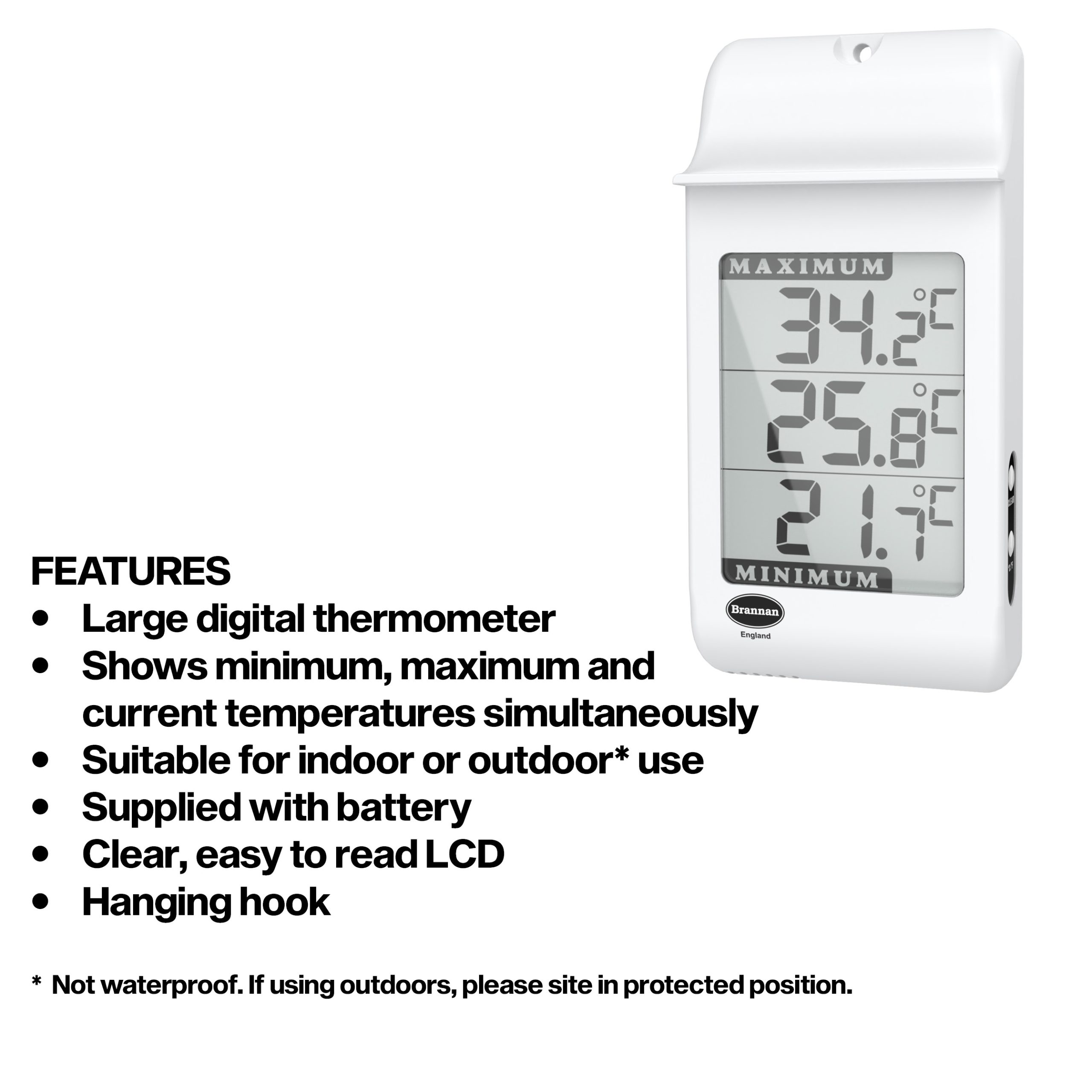 Max min thermometer - large LCD - white | Brannan