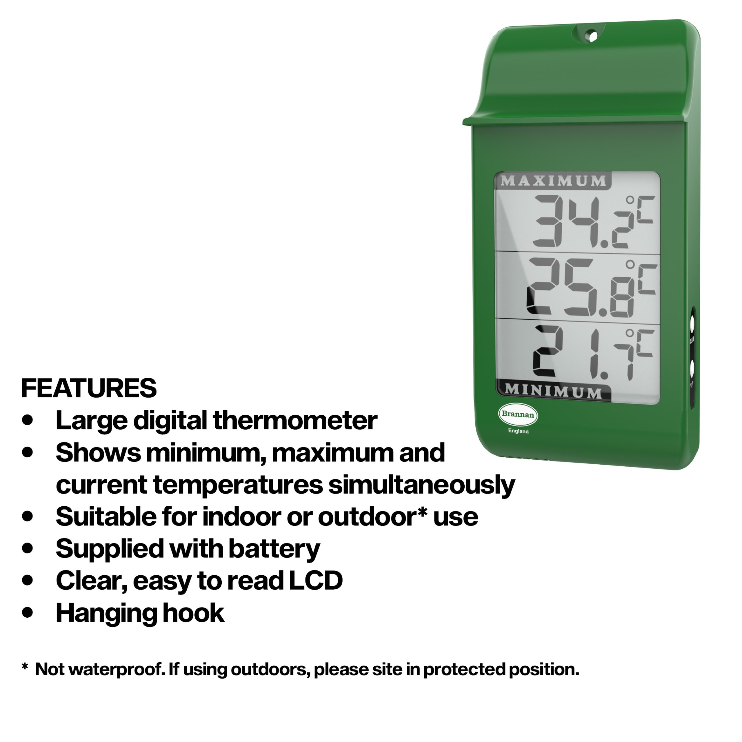 Max min Thermometer - large LCD in green | Brannan