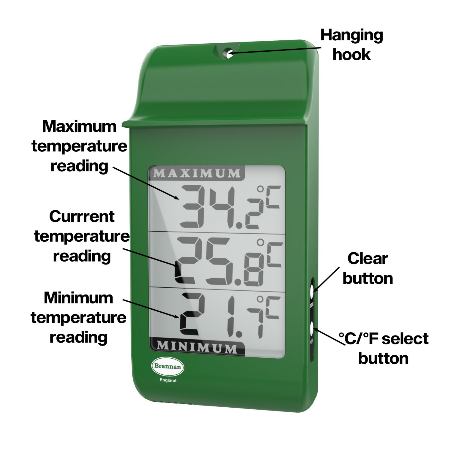 Large digital max min thermometer - green | Brannan