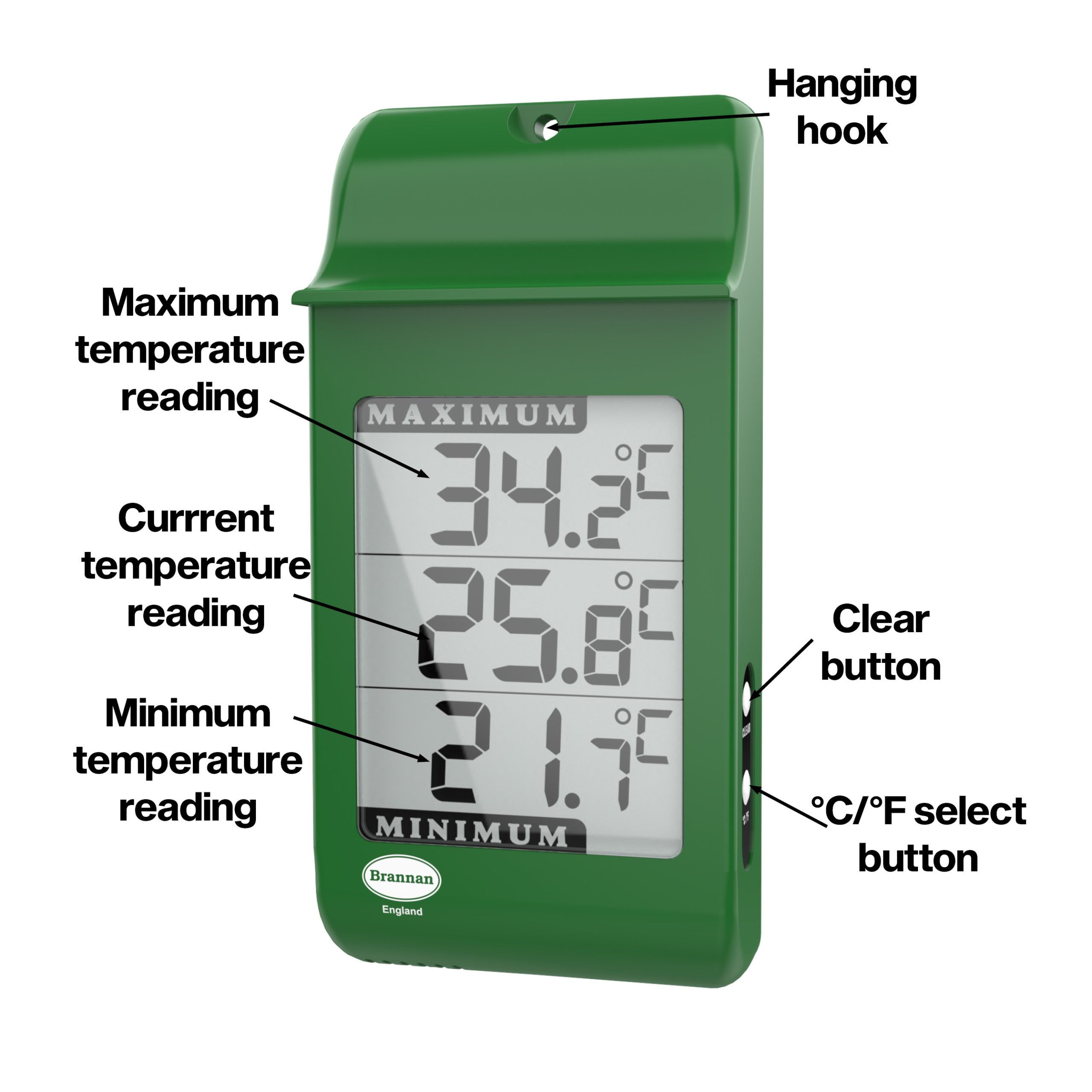 Max min Thermometer - large LCD in green | Brannan