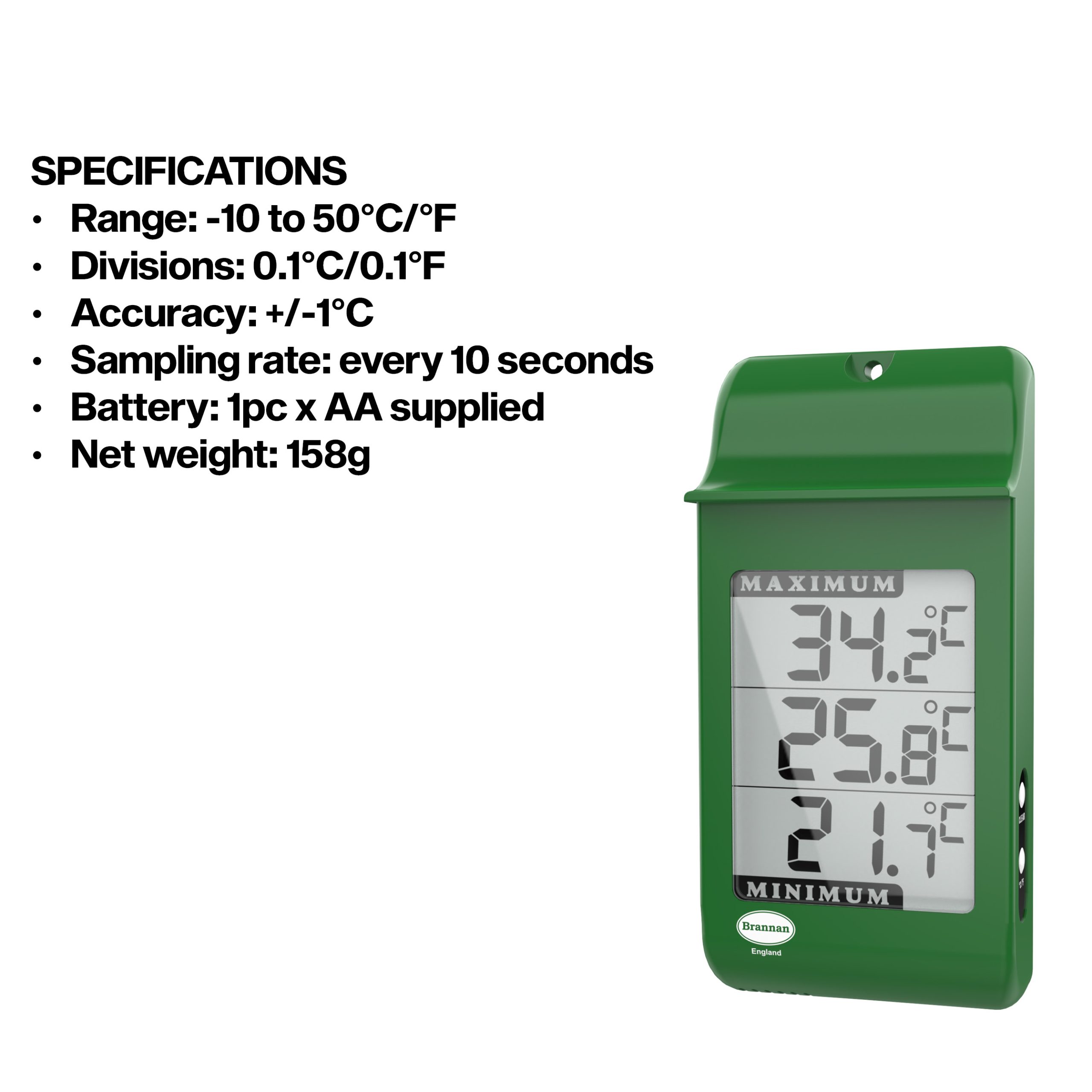 Max min Thermometer - large LCD in green | Brannan