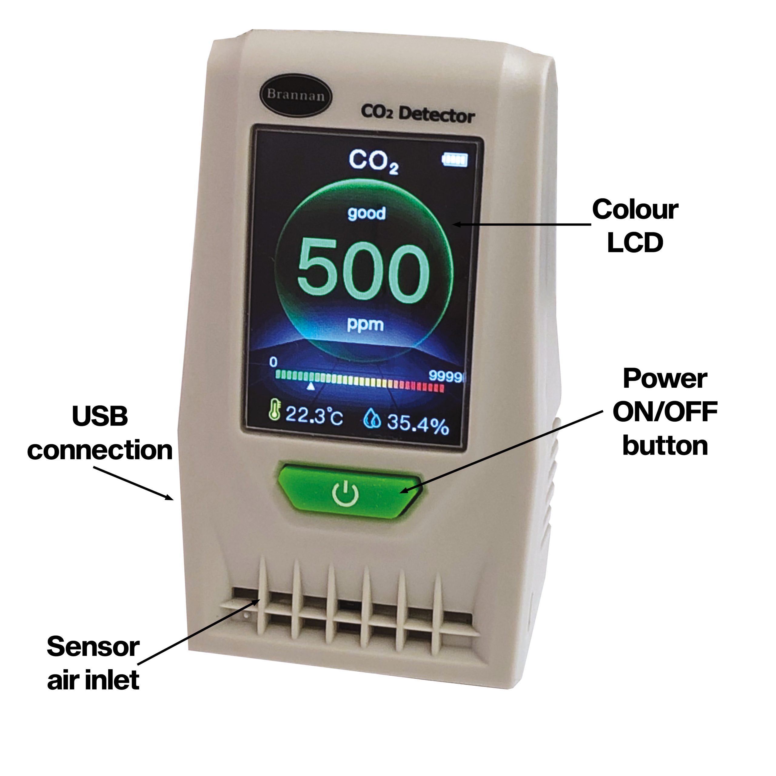 Carbon Dioxide Detector - CO2, Temperature & Humidity - Brannan