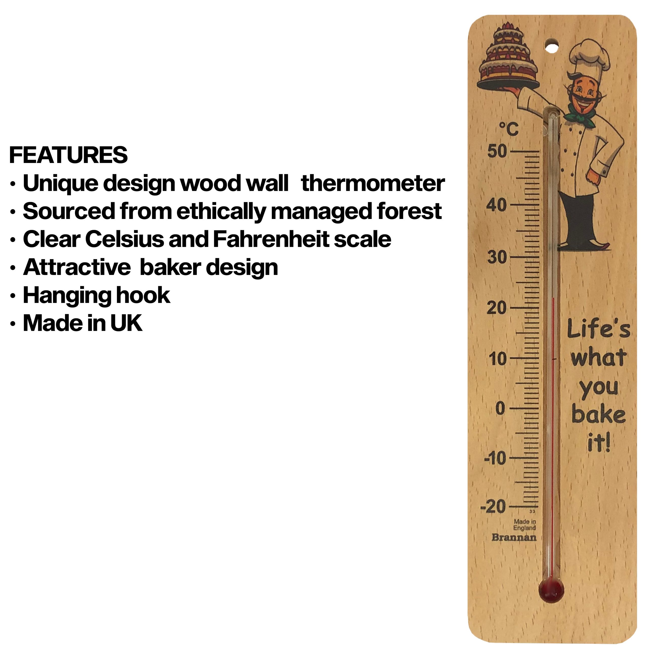 215mm wood wide wall thermometer - pastry chef design | Brannan
