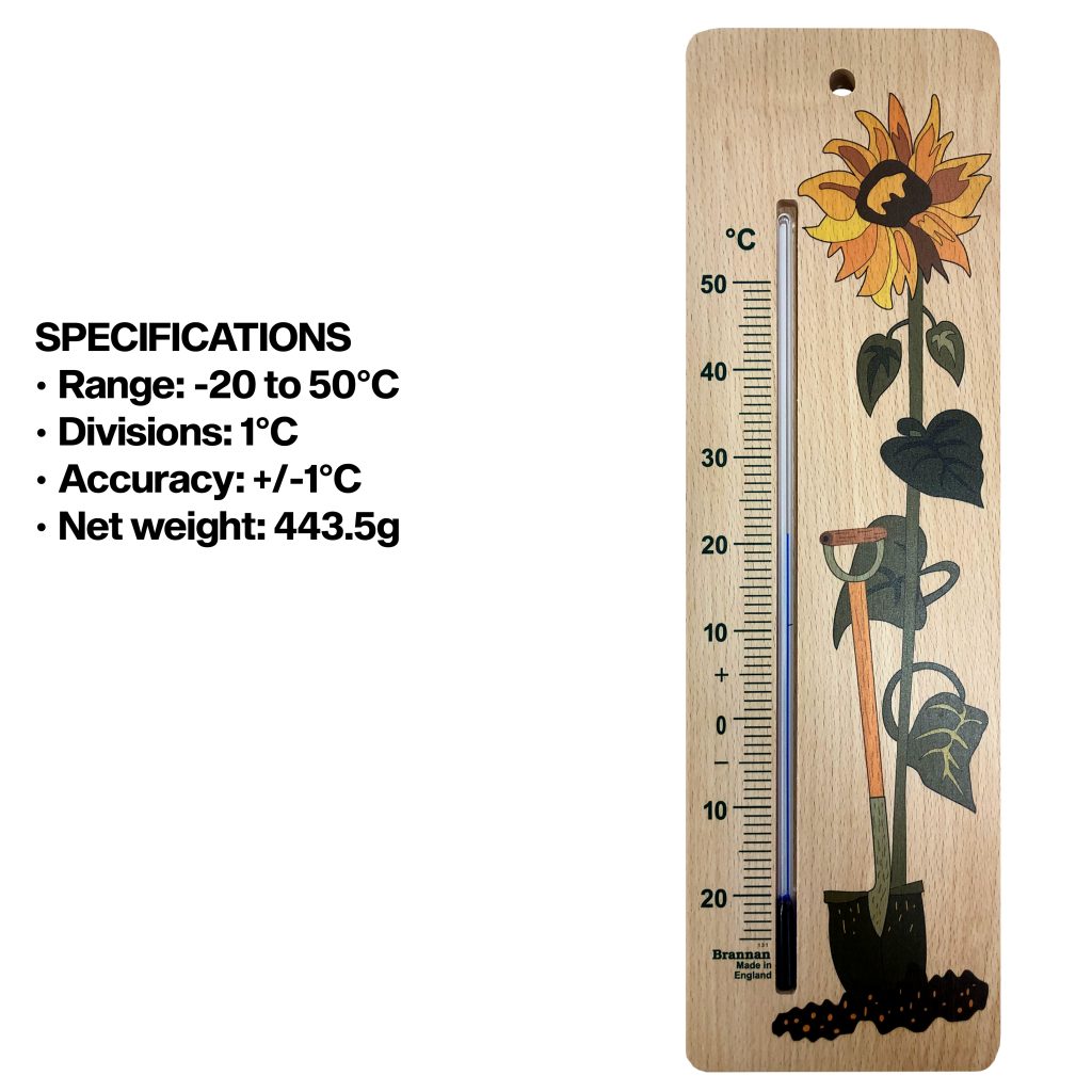 380mm wood wide wall thermometer - decorative garden design | Brannan