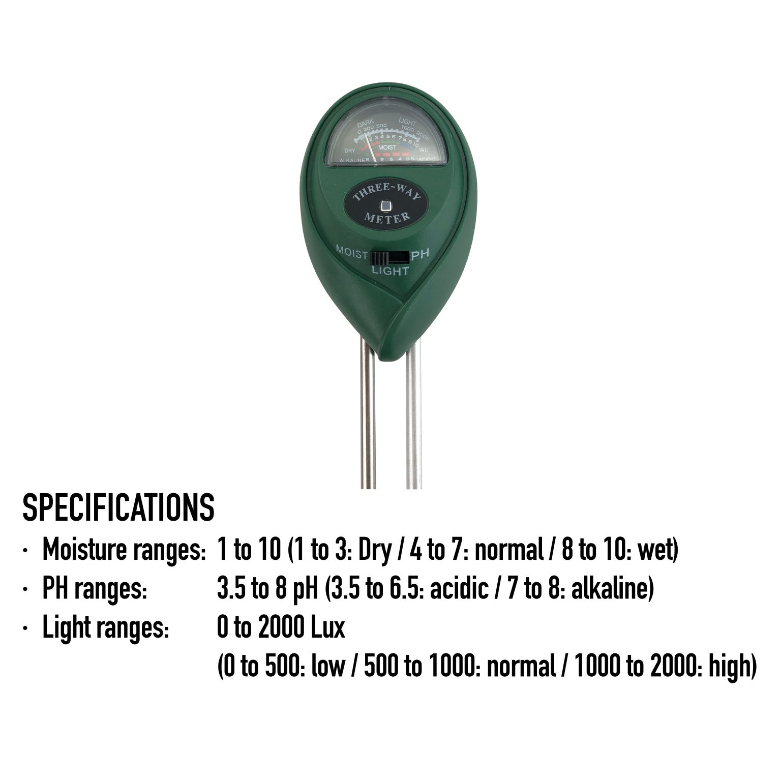 Three Way Soil Test Meter - pH, Light and Moisture | Brannan