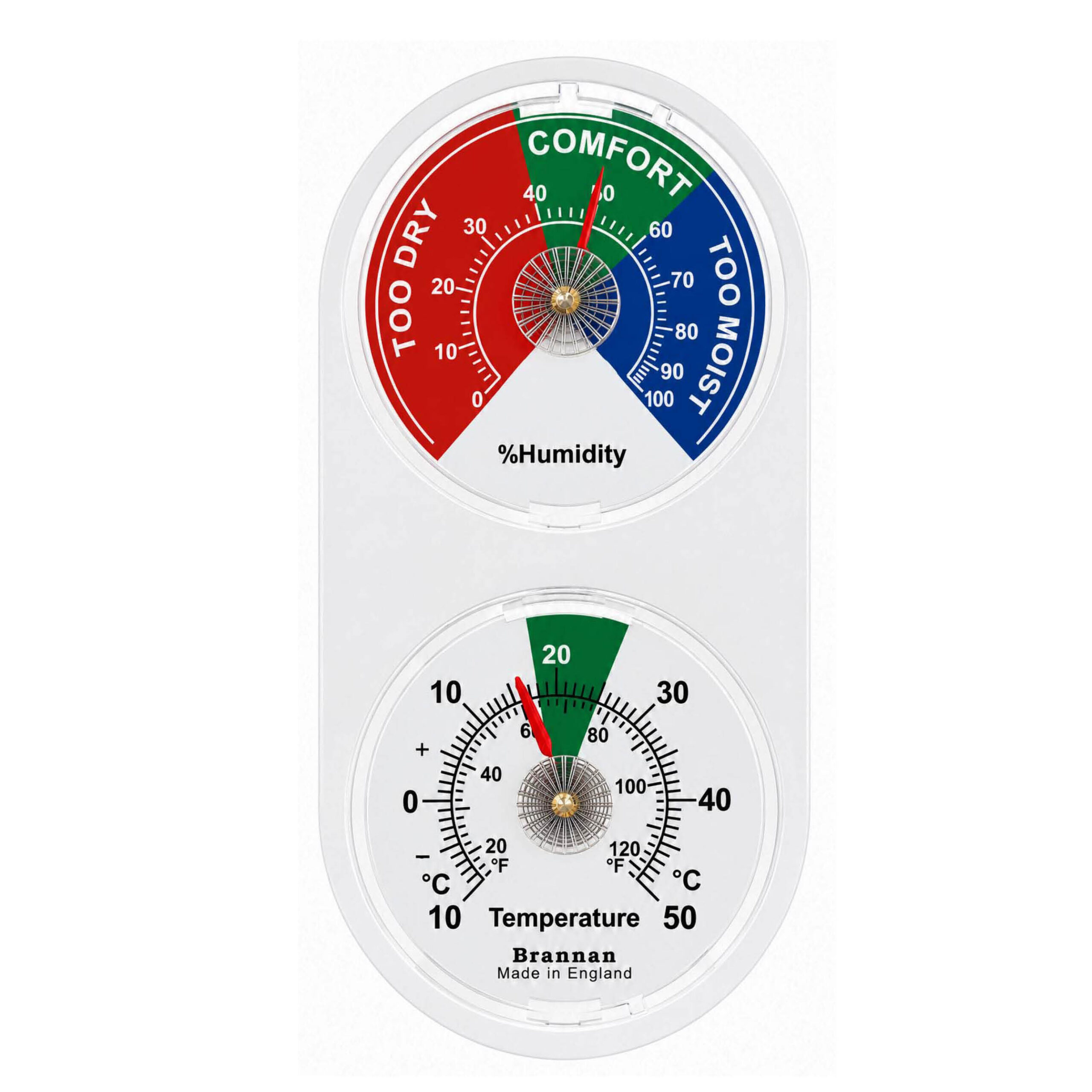 Twin mini dial hygrometer and thermometer with coloured zones | Brannan