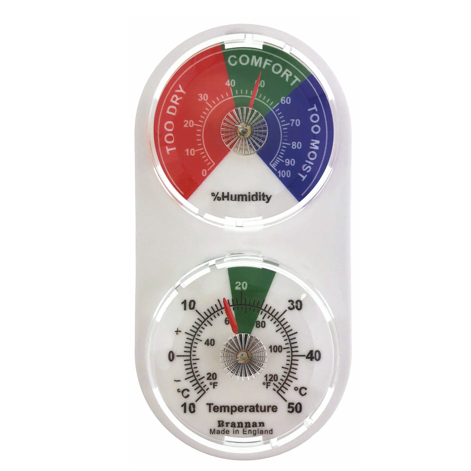 Twin mini dial hygrometer and thermometer with coloured zones | Brannan