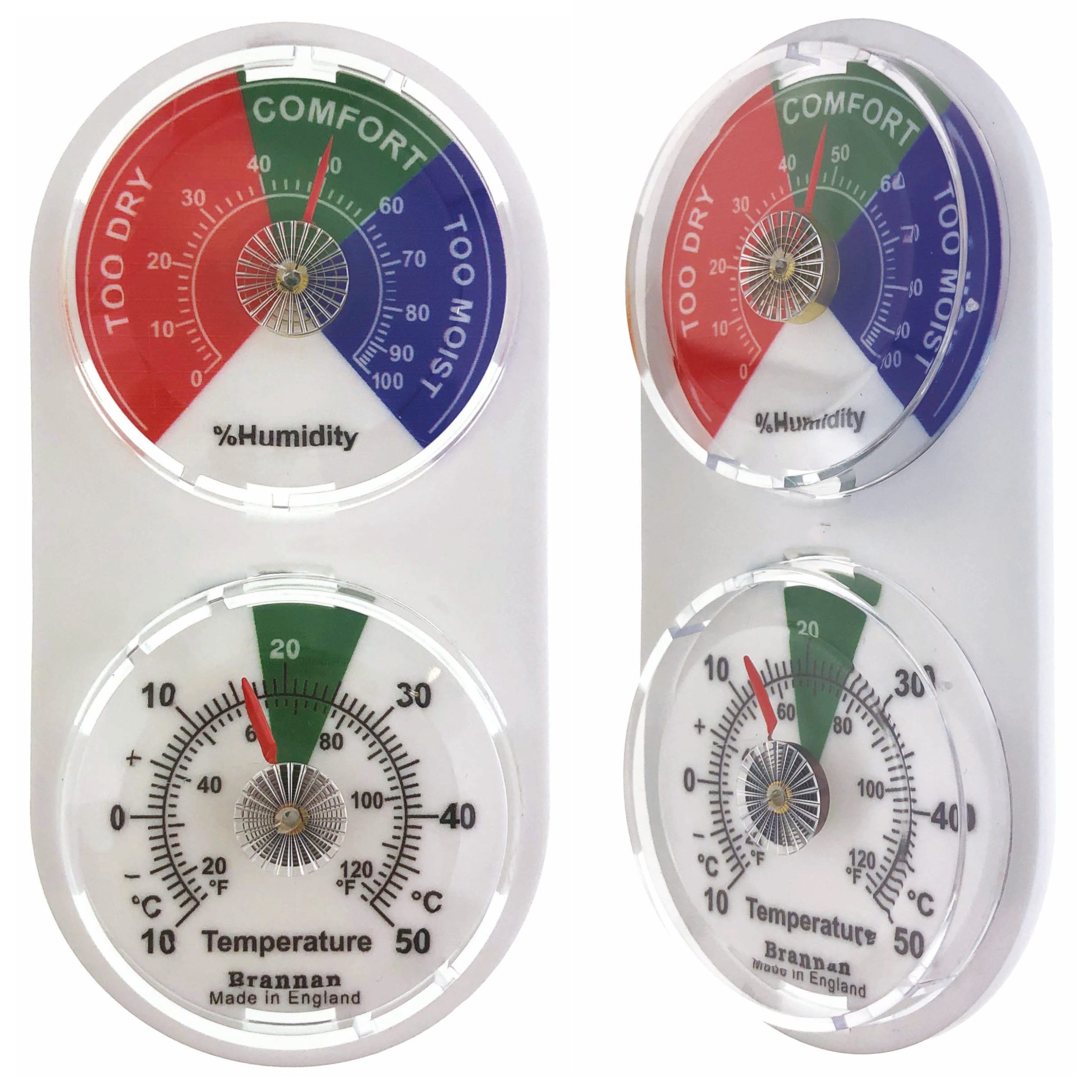 Twin mini dial hygrometer and thermometer with coloured zones | Brannan