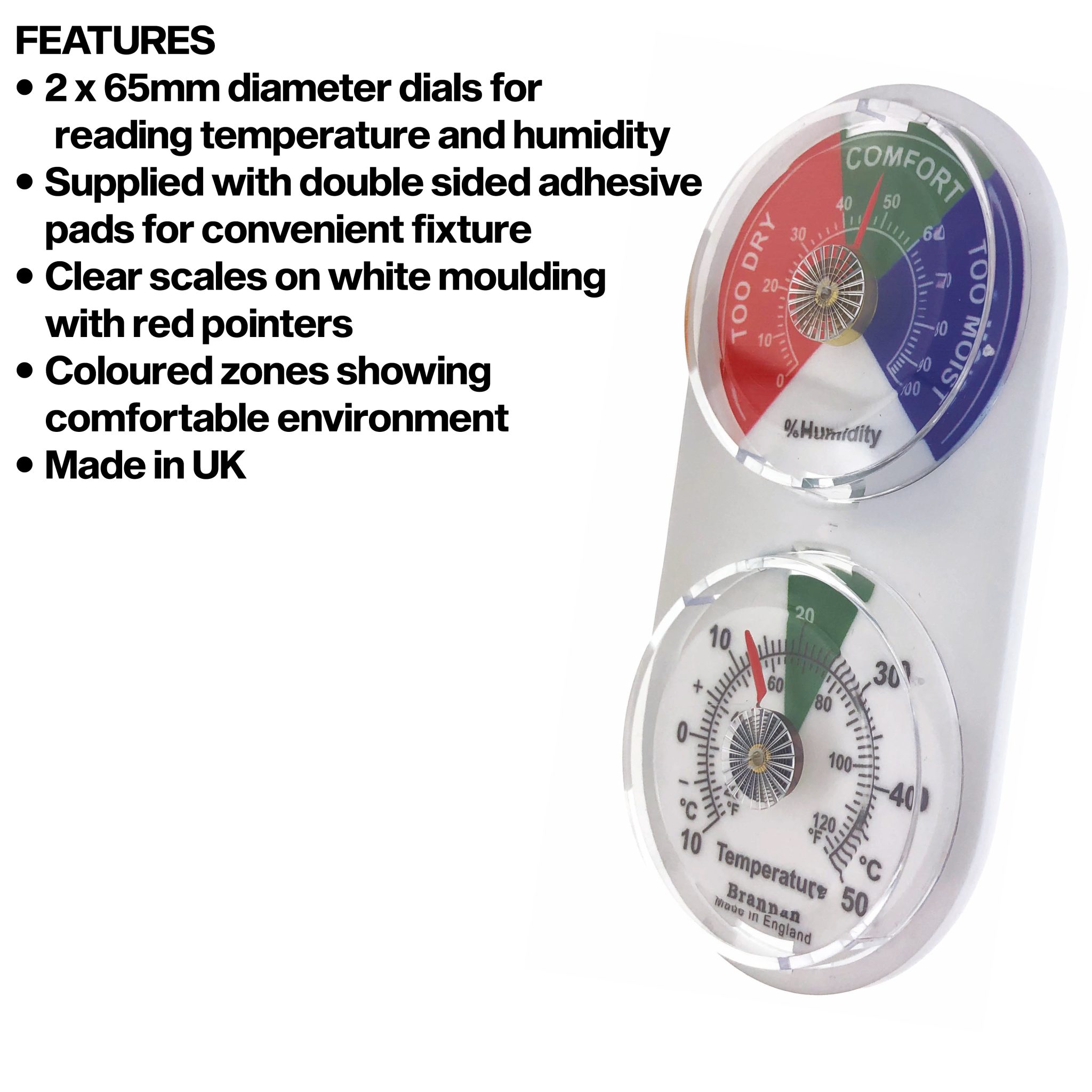 Twin mini dial hygrometer and thermometer with coloured zones | Brannan