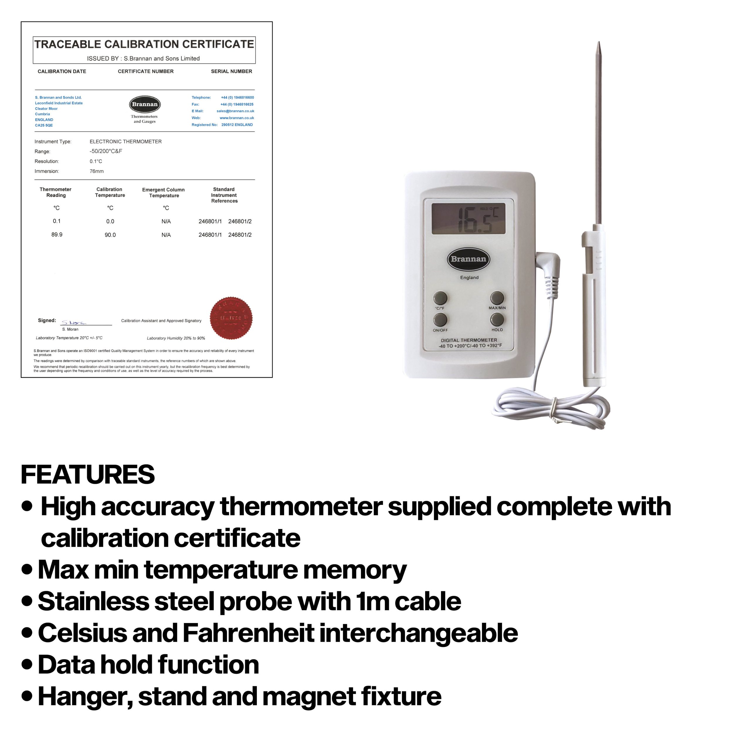 Pre-calibrated hand held digital test thermometer | Brannan