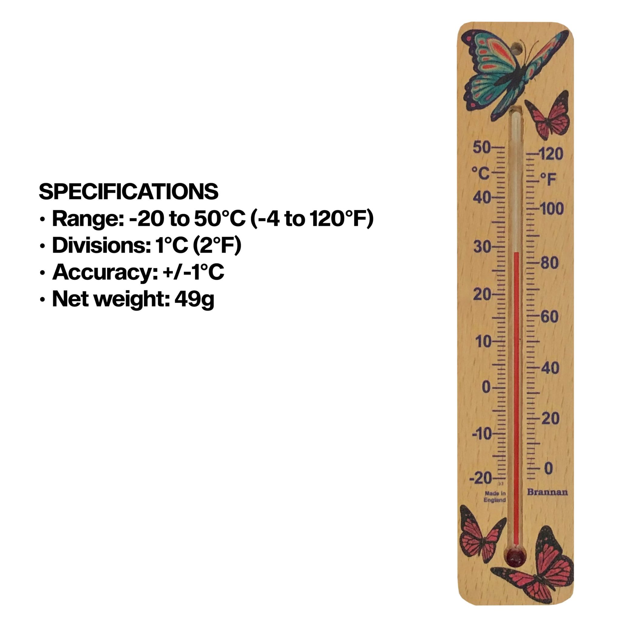 215mm wood wall thermometer with butterfly design | Brannan