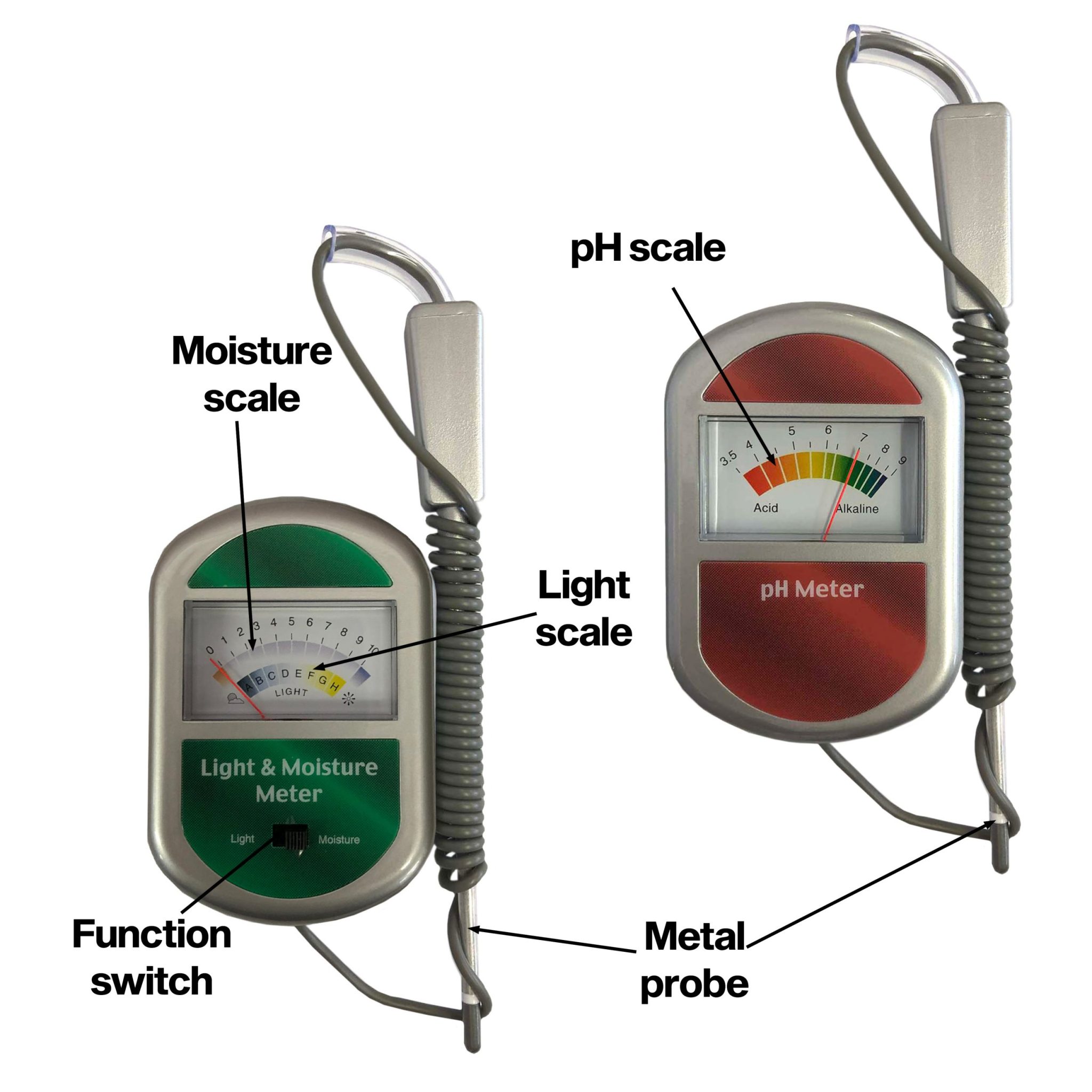 Light & moisture meter and pH meter with cabled probes | Brannan