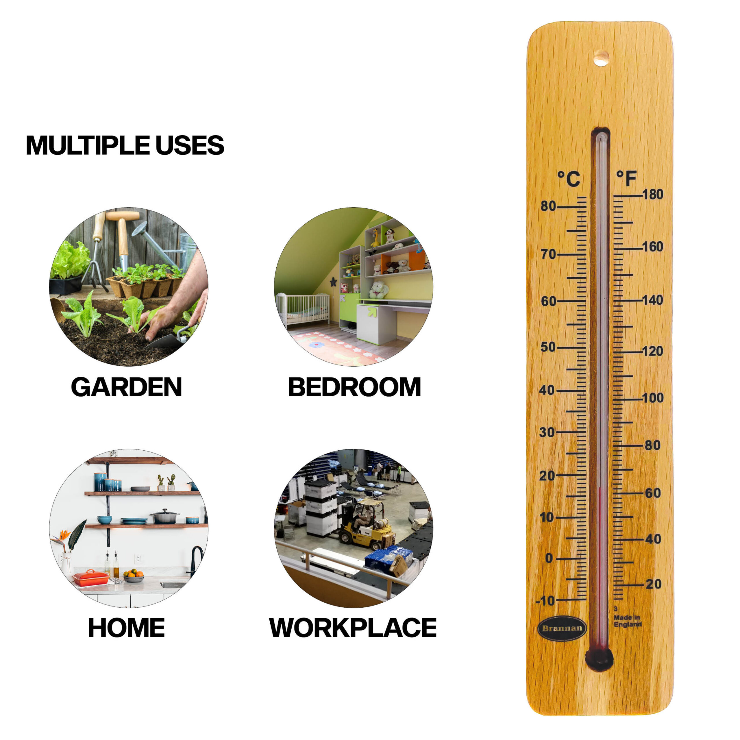 215mm wood wall thermometer - high range | Brannan