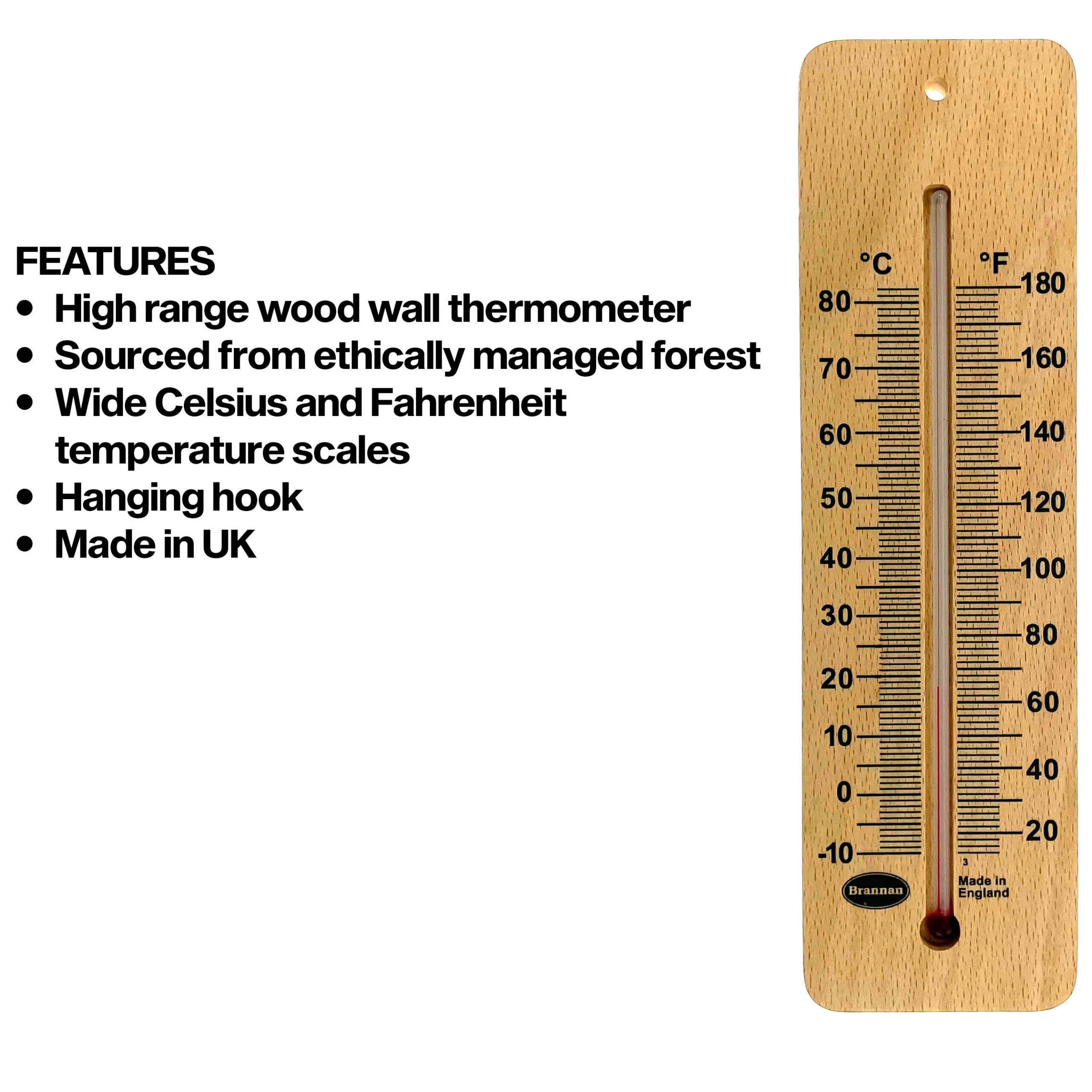 215mm high range wood wall thermometer - wide | Brannan