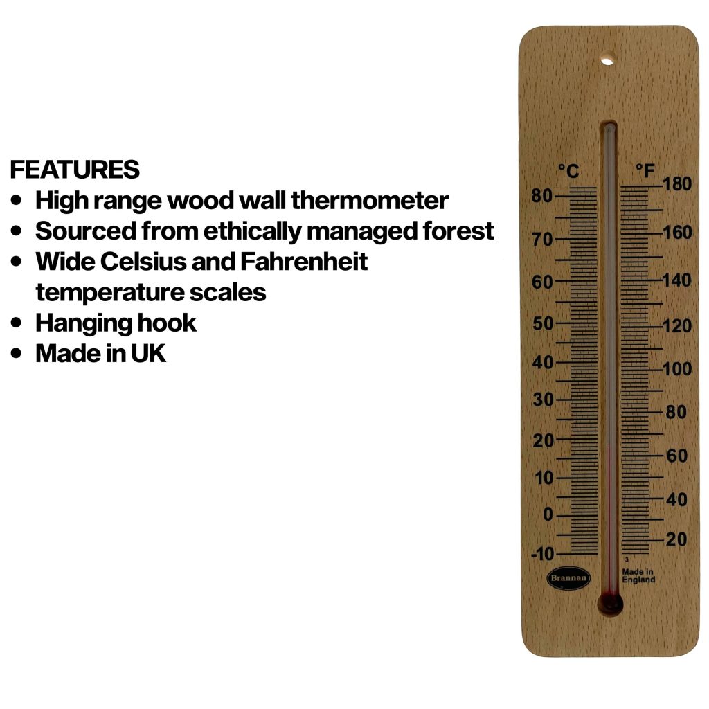215mm high range wide wood wall thermometer | Brannan