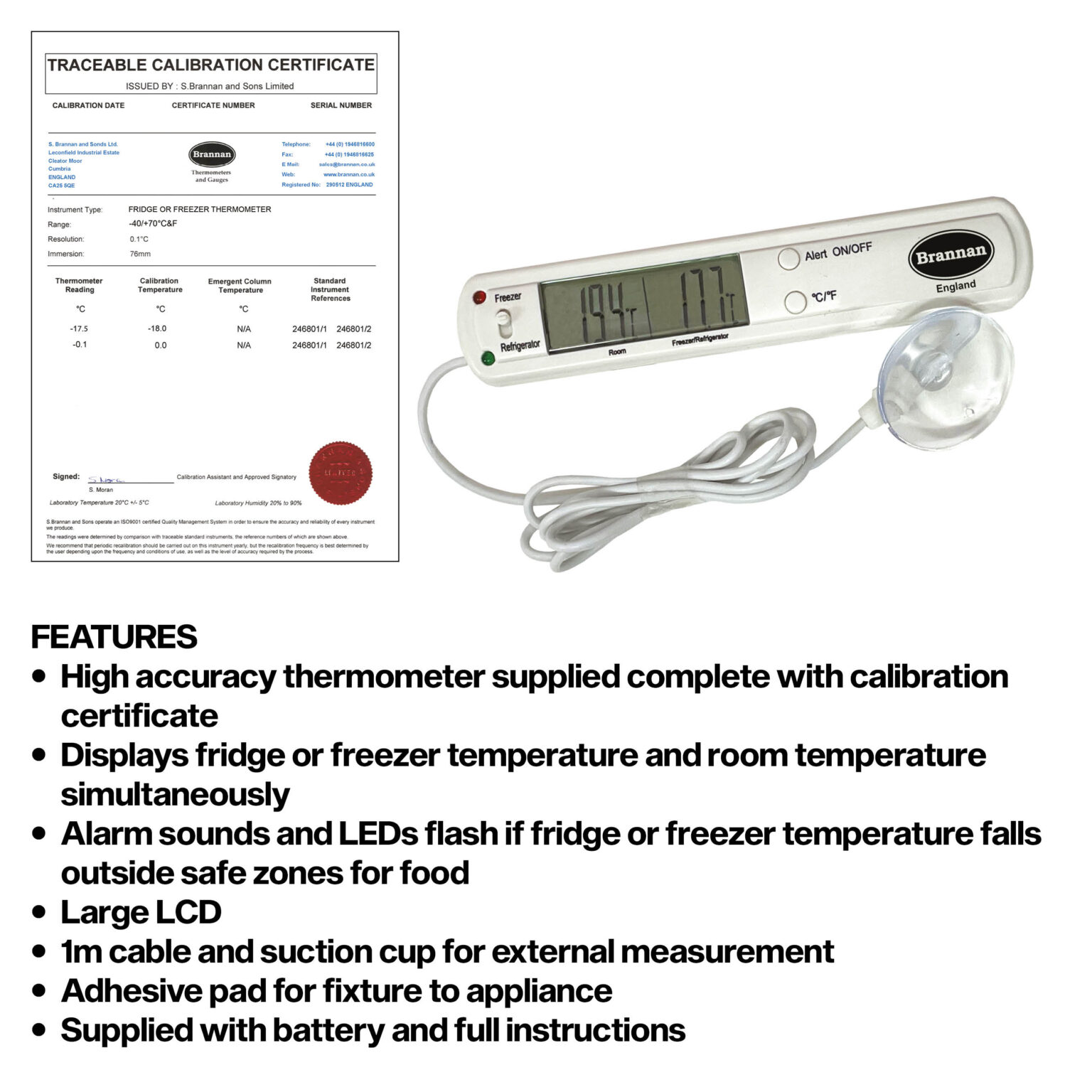 THERM-cert, pre-calibrated fridge or freezer thermometer | Brannan